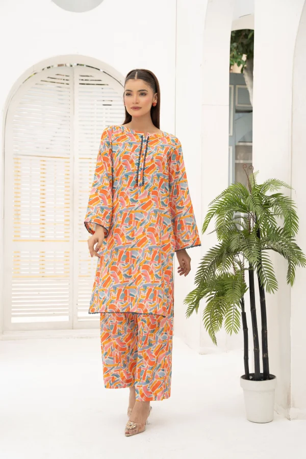 Orange and Light Blue pattern Lawn 2-Piece Set - UmnyMart